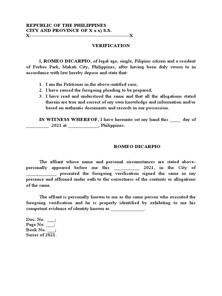 Republic of The Philippines City and Province of X X X) S.S. X - X ...