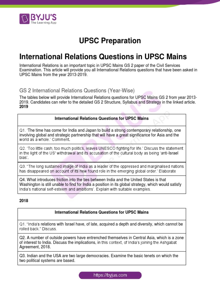 International Relations Questions For UPSC Mains GS 2 | PDF | India ...
