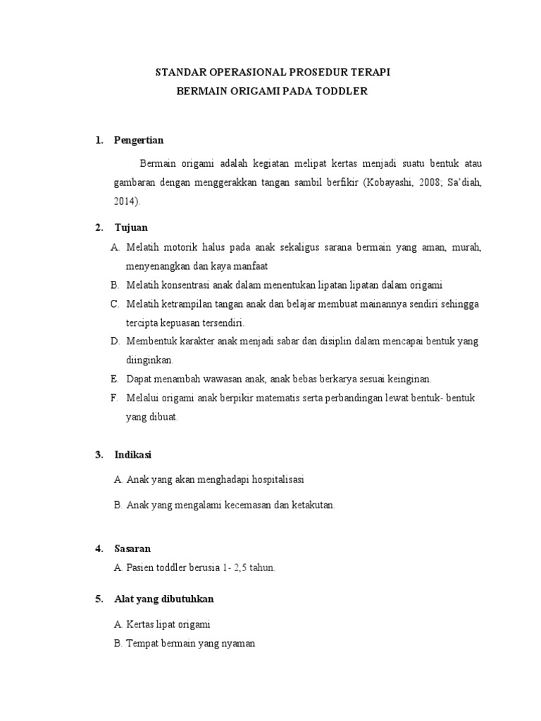 Standar Operasional Prosedur (Sop) Terapi Bermain Origami Pada Toddler | PDF