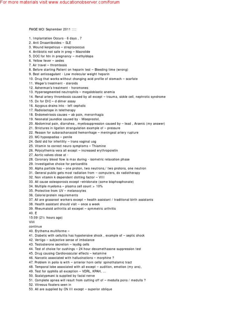 MCI FMGE 2011 Question Paper From Memory | PDF | Thrombosis | Rtt