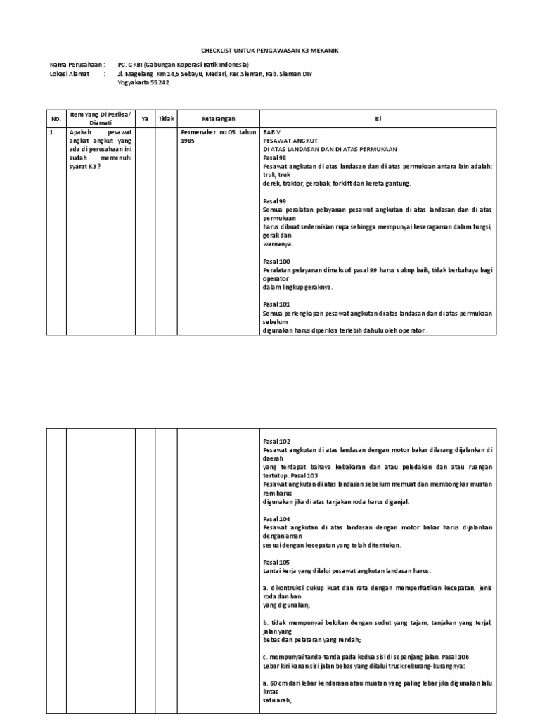 Checklist Untuk Pengawasan K3 Mekani1 | PDF Checklist Untuk Pengawasan K3 Mekani1 | PDF
