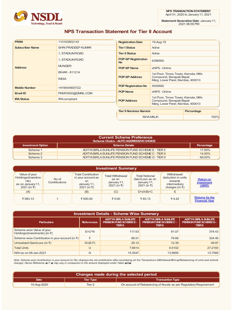 NPS Transaction Statement For Tier II Account: Current Scheme ...