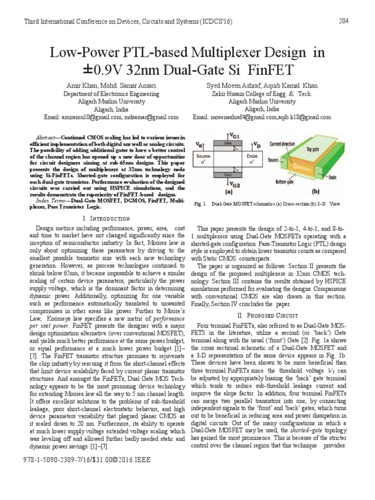0.9V 32Nm Dual-Gate Si Finfet: Low-Power Ptl-Based Multiplexer Design ...
