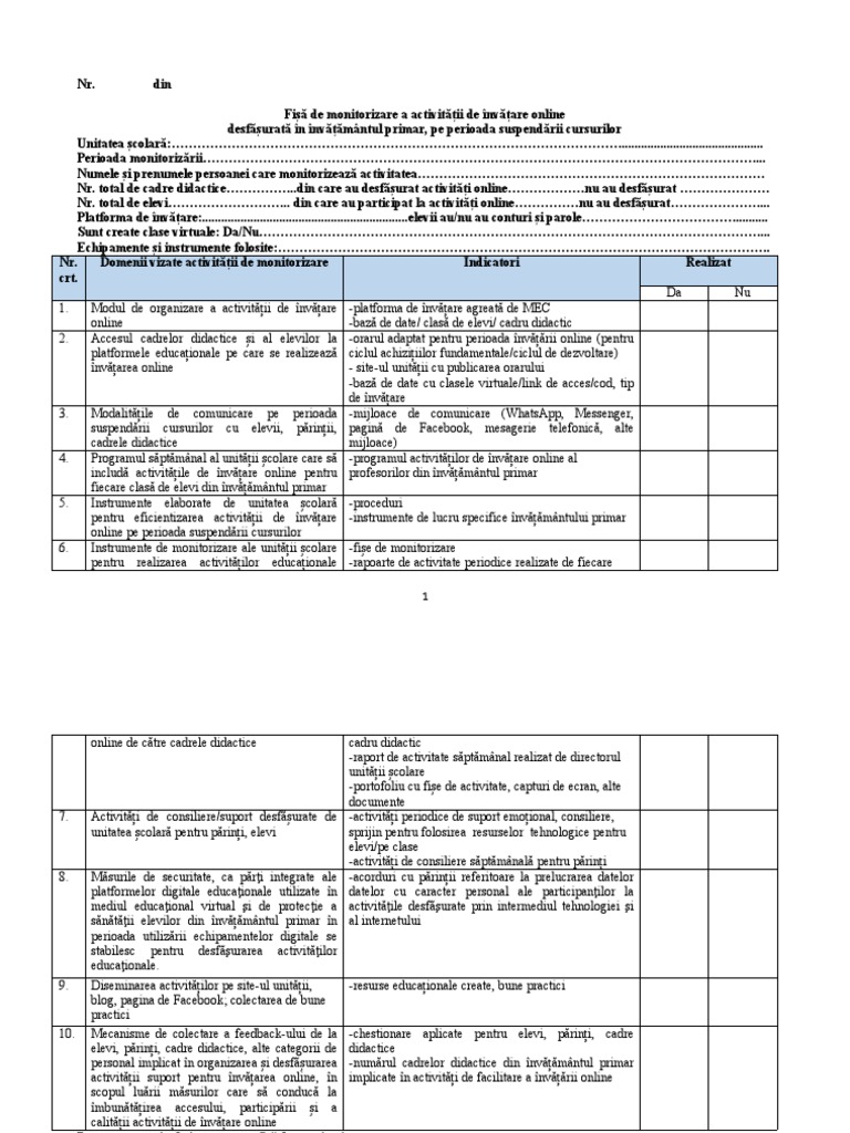 Fisa de Monitorizare Invatamant Primar | PDF Fisa de Monitorizare Invatamant Primar | PDF