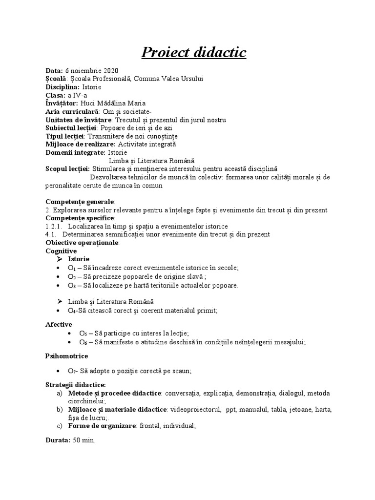 Popoare de Ieri Și de Azi-Proiect Didactic Clasa AIV-A | PDF