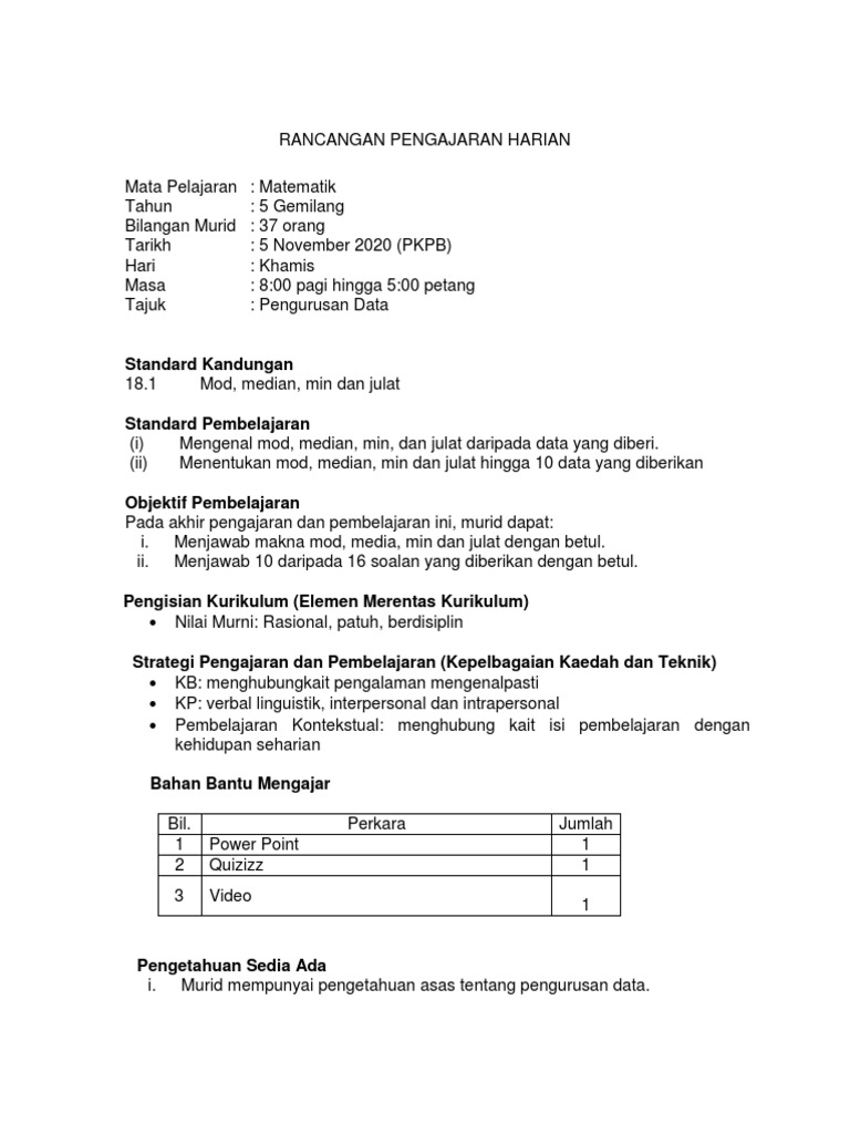 RPH MATEMATIK TAHUN 5 2020 | PDF
