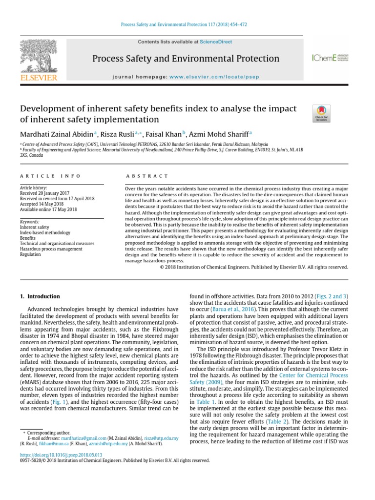 Development of Inherent Safety Benefits Index To Analyse The Impact of ...