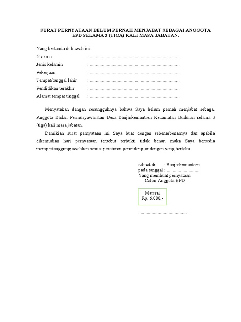 Surat Pernyataan Belum Pernah Menjabat Sebagai Angnota BPD 3 Kali | PDF