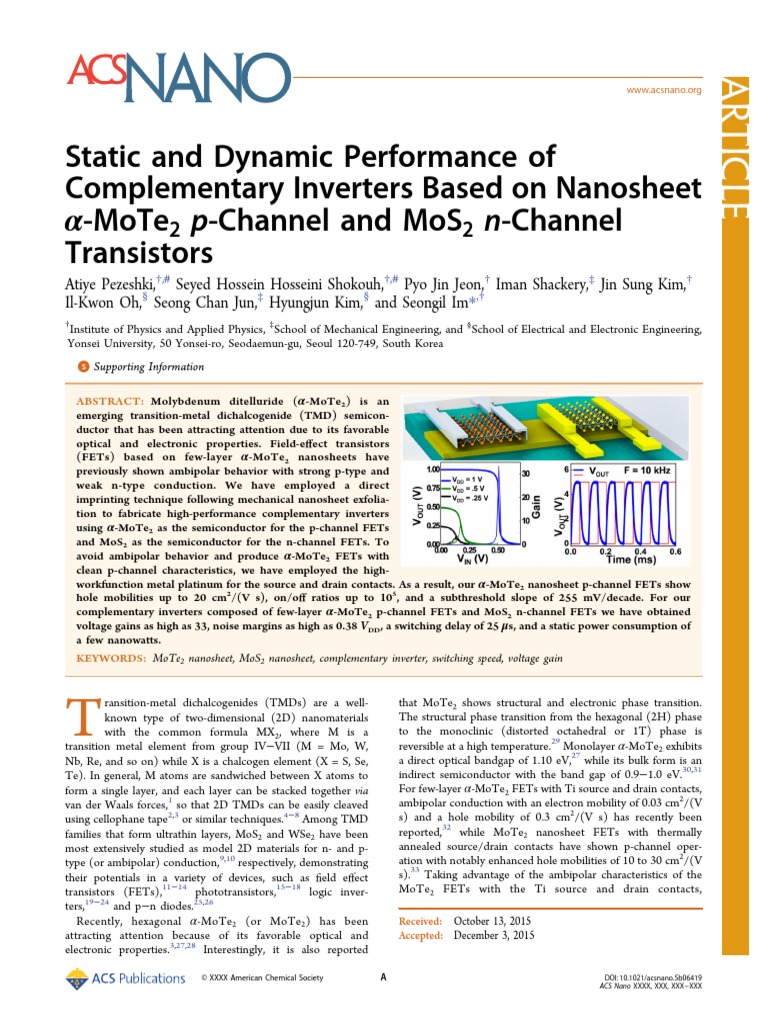 Static and Dynamic Performance of Complementary Inverters Based on Nanosheet α-MoTe2 p-Channel ...