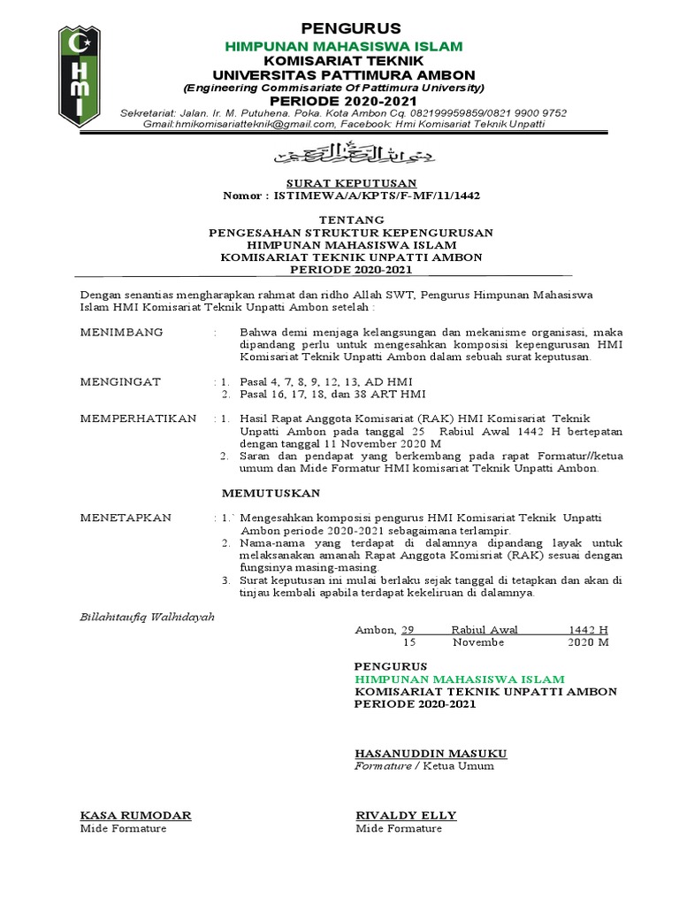 SK PENGURUS Hmi Komisariat | PDF