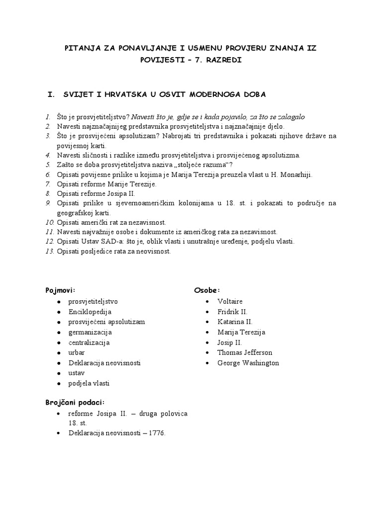 Pitanja Za Povijest - 7.r. | PDF