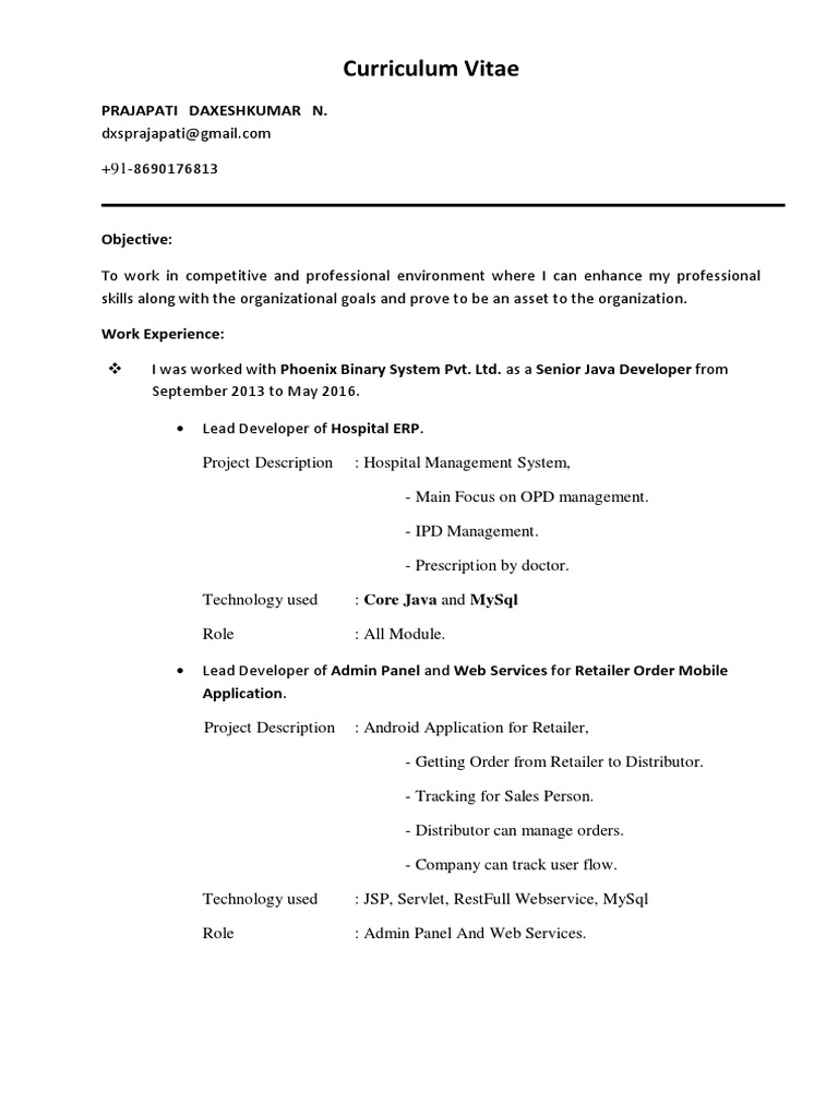 Curriculum Vitae: Prajapati Daxeshkumar N | PDF | Java (Programming Language) | Enterprise ...
