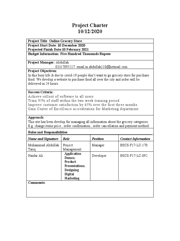 Project Charter 10/12/2020: Name and Signature Role Position Contact ...