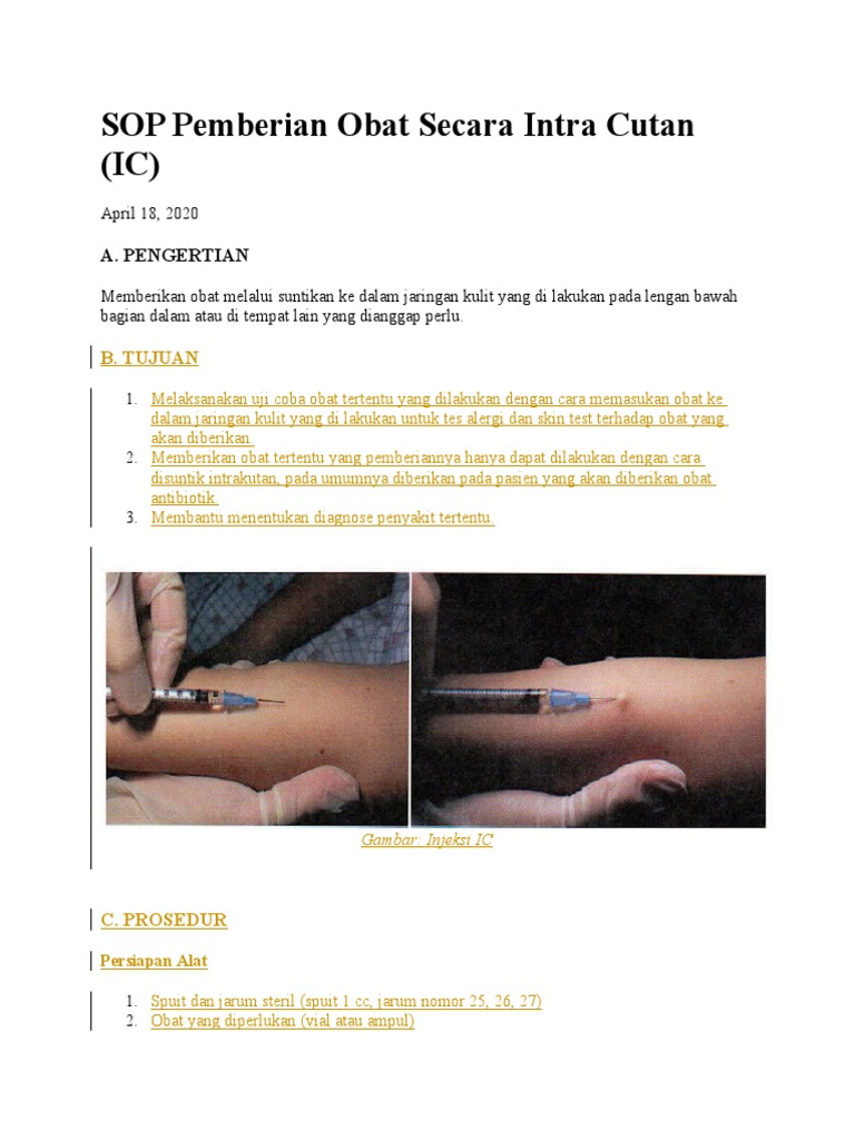 STANDAR OPERASIONAL PROSEDUR PENYUNTIKAN OBAT SECARA INTRAKUTAN | PDF