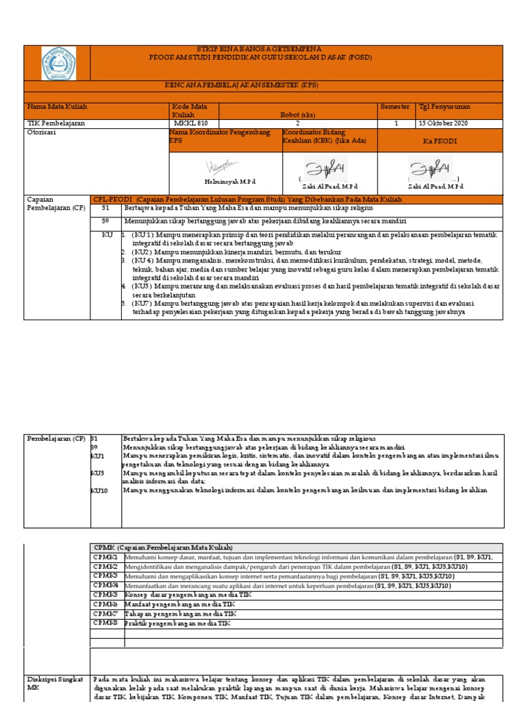 RPS REG-01 A Tik-Pembelajaran-Sd | PDF