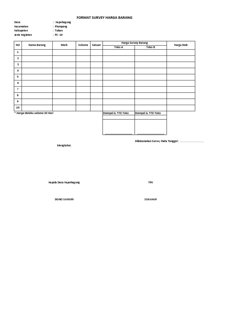 Form Survey Harga | PDF