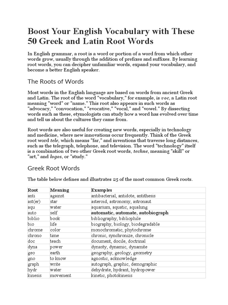 50 Greek and Latin Root Words | PDF | Latin | English Language