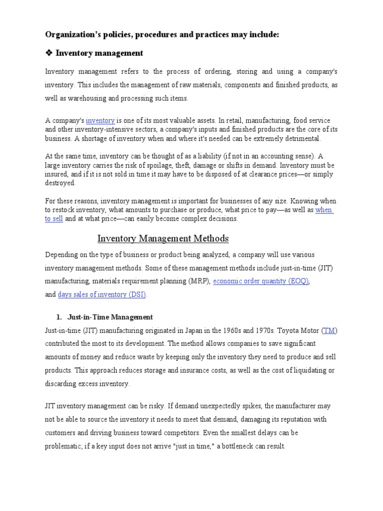 Inventory Management: Organization's Policies, Procedures and Practices ...