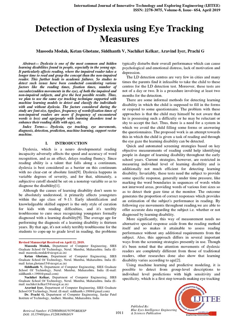 Detection of Dyslexia Using Eye Tracking Measures | PDF | Learning Disability | Dyslexia