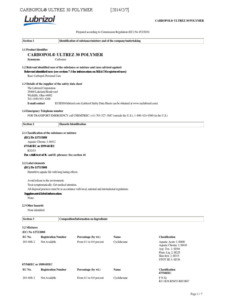 Ultrez 30 Polymer (MSDS) | PDF | Dangerous Goods | Occupational Hygiene