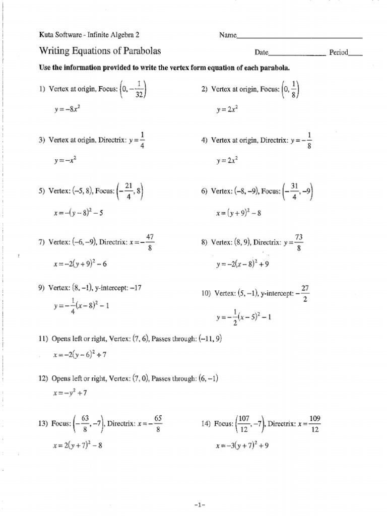 Writing Equations of Parabolas Answer Key | PDF