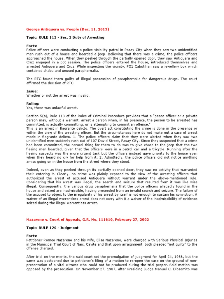 George Antiquera Vs | PDF | Judgment (Law) | Arrest