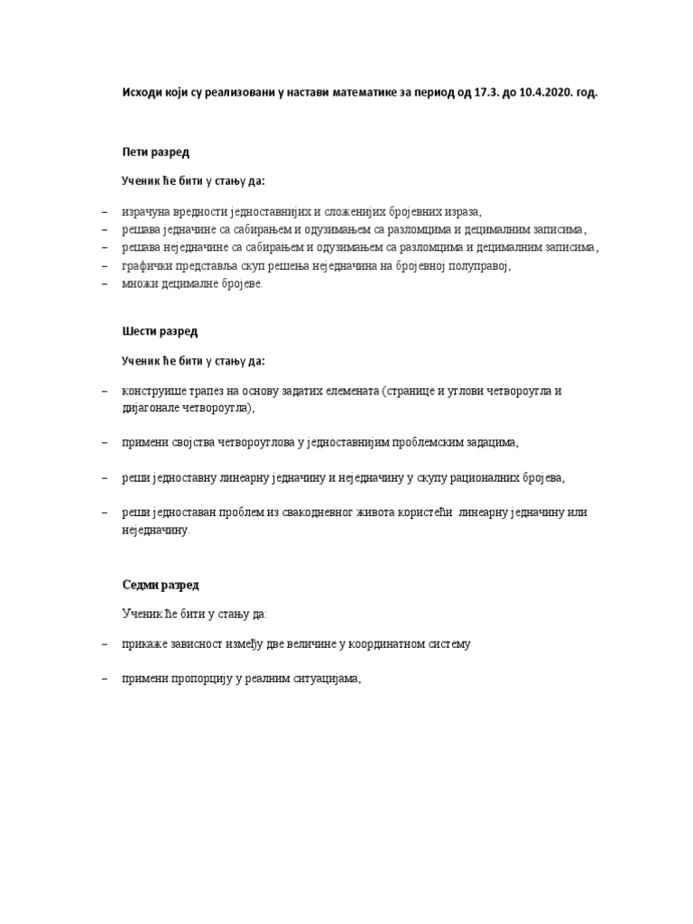Ishodi - 5-6-7-8 Razred Matematika | PDF