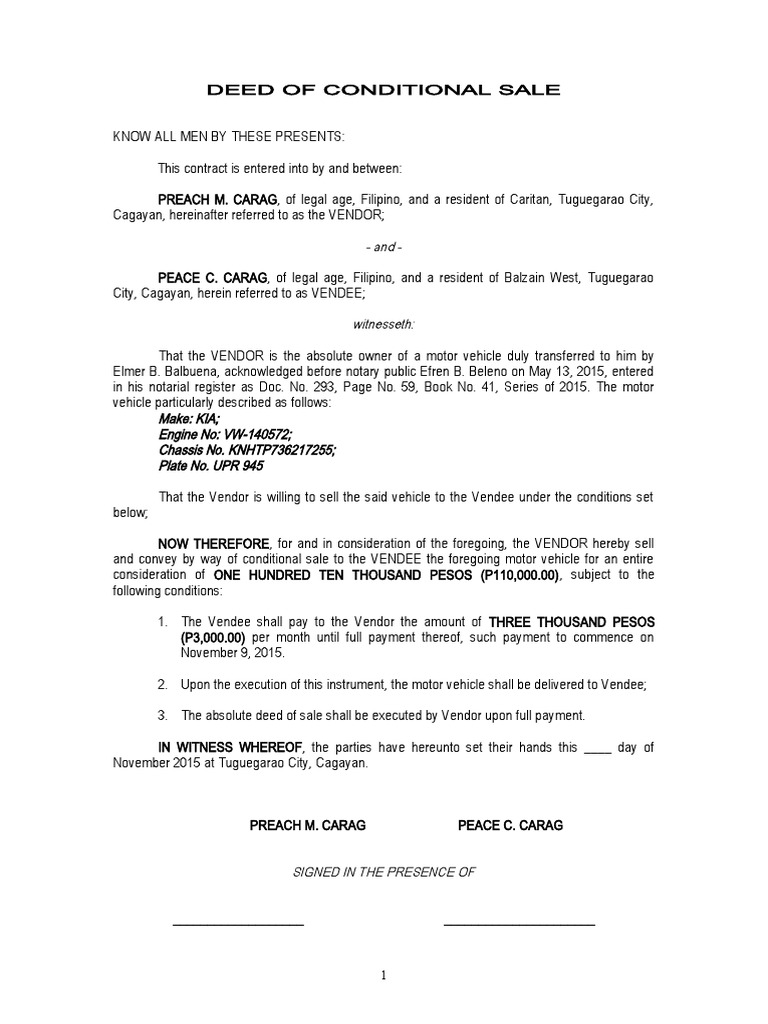 DEED OF CONDITIONAL SALe MOTOR VEHICLE CARAG | PDF | Document | Private Law