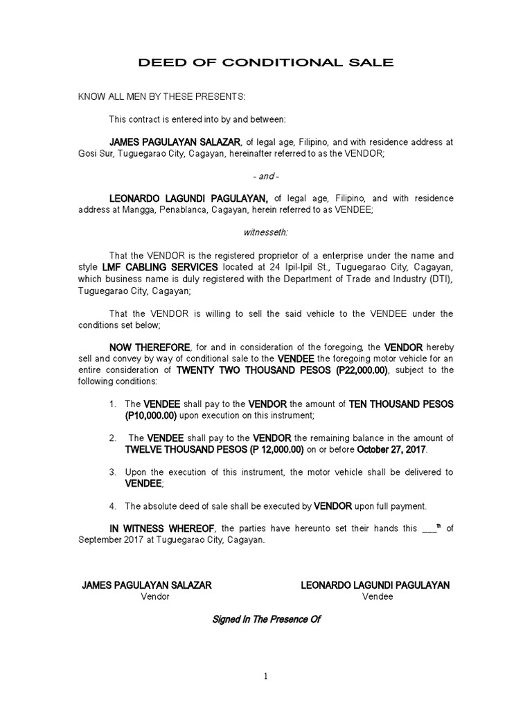 DEED OF CONDITIONAL SALe STALL Penablanca | PDF | Document | Civil Law ...
