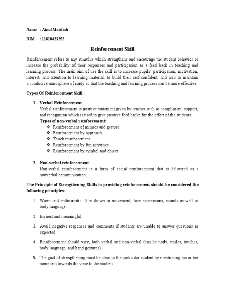 Types of Reinforcement Skill: 1. Verbal Reinforcement | PDF