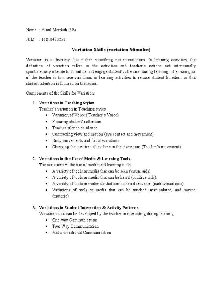 Variation Skills (Variation Stimulus) : 1. Variations in Teaching ...