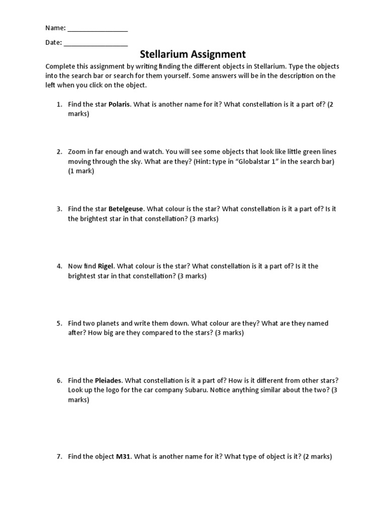 Stellarium Assignment Pdf