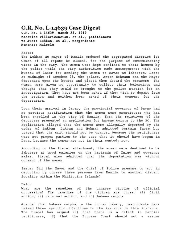 G.R. No. L-14639 Case Digest Summary | PDF | Habeas Corpus | Legal Procedure