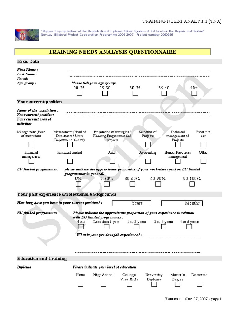Training Needs Analysis Questionnaire: Basic Data | PDF | Evaluation | Business