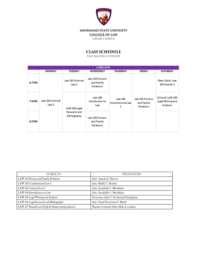 Class Schedule 1a | PDF