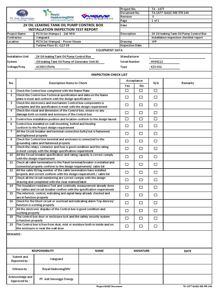 Oil Pump Control Box Inspection Checklist | PDF | Specification ...