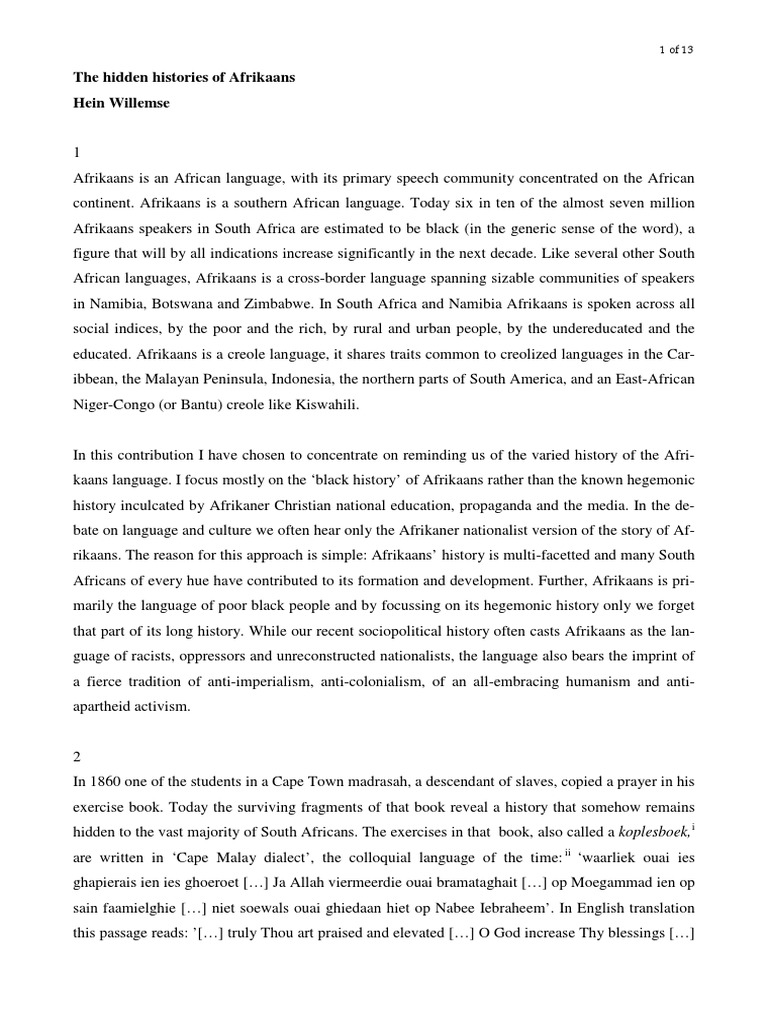 The Hidden Histories of Afrikaans by Hein Willemse | PDF