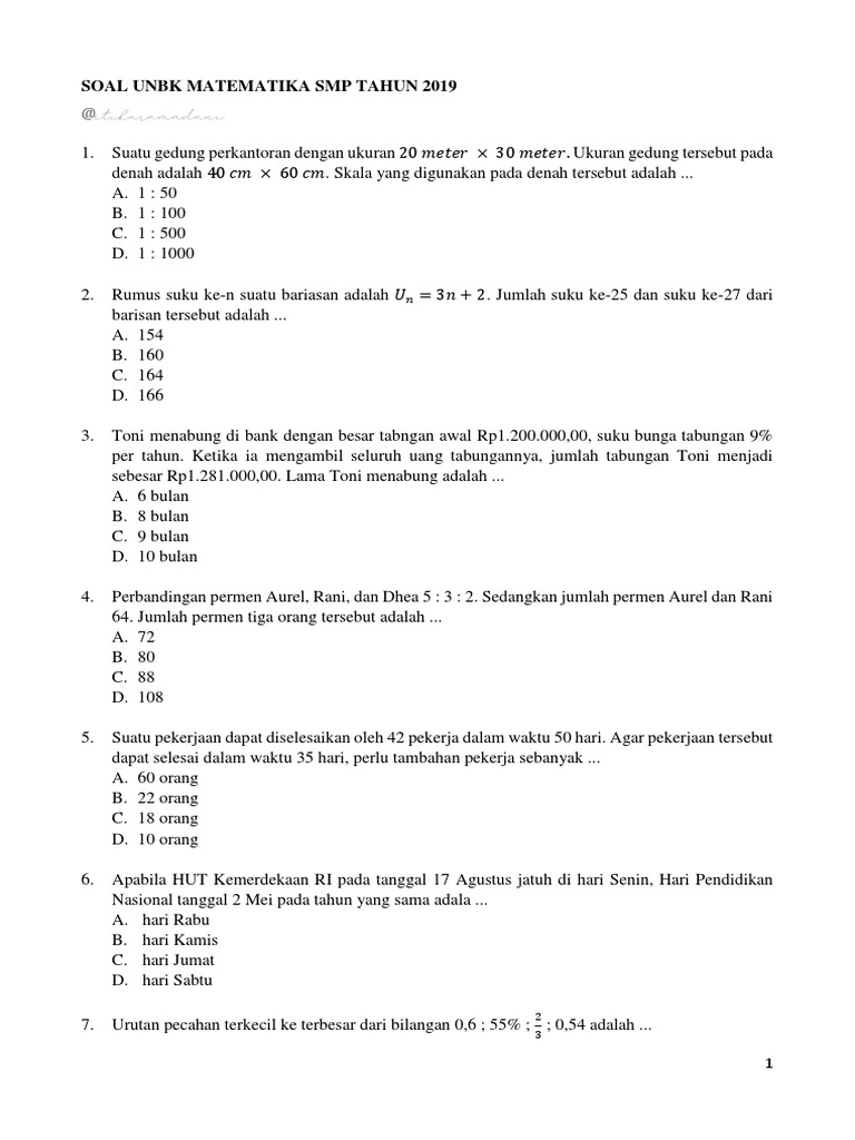 Soal Unbk Matematika SMP Tahun 2019 Revisi | PDF | Metode & Bahan Ajar ...