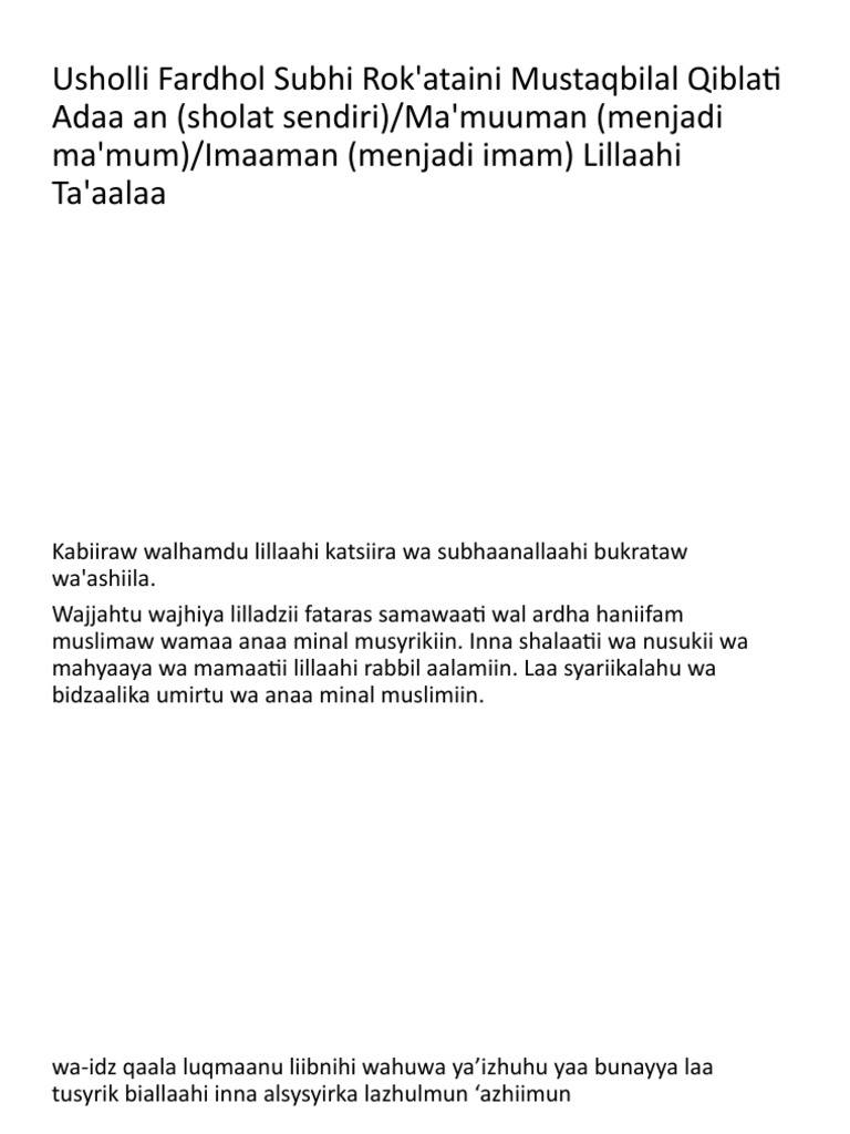 Usholli Fardhol Subhi Rok'ataini Mustaqbilal Qiblati Adaa An (Sholat ...