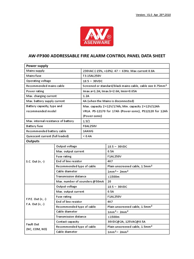 Addressable Fire Alarm Control Panel Data Sheet AW-FP300 | PDF | Fuse (Electrical) | Mains ...