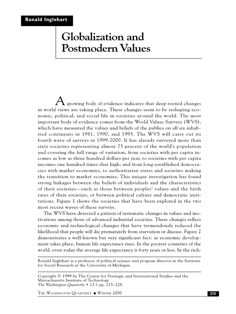 Globalization and Postmodern Values: Ronald Inglehart | PDF | Happiness ...