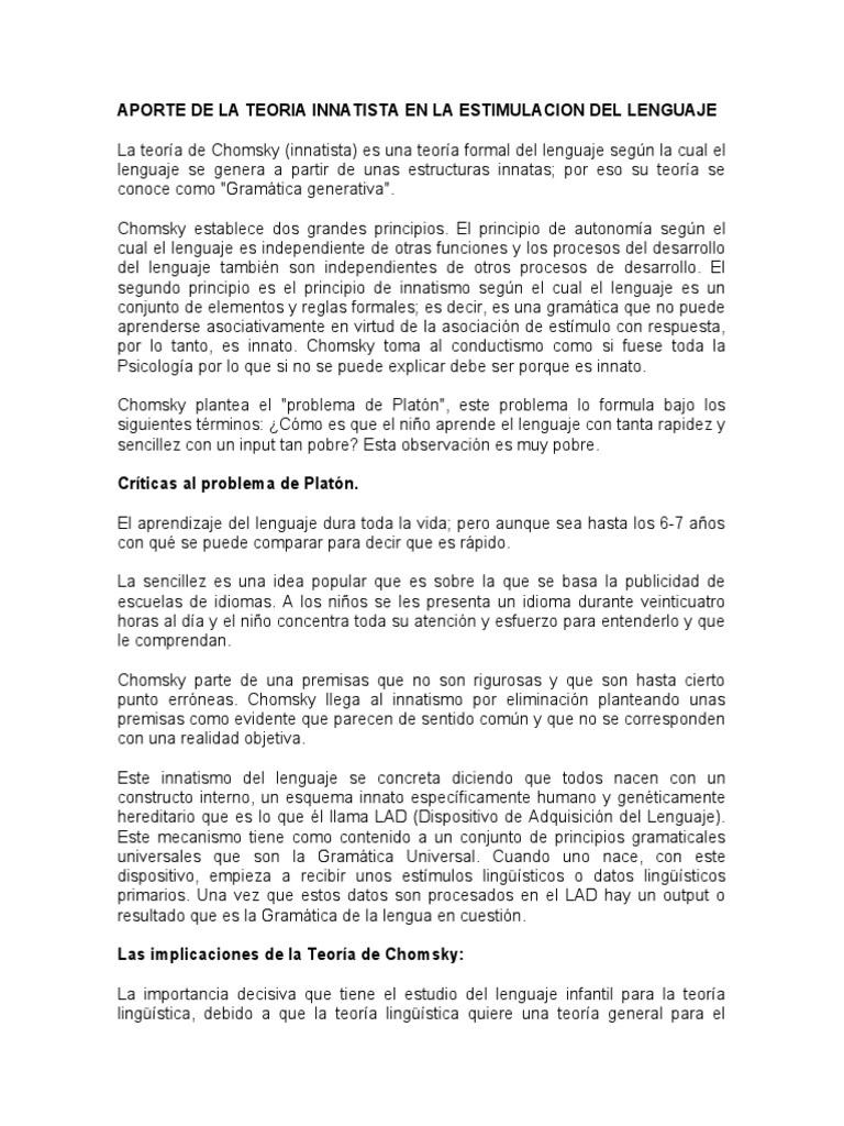 Innatismo y Estimulación del Lenguaje | PDF | Noam Chomsky | Aquisición ...