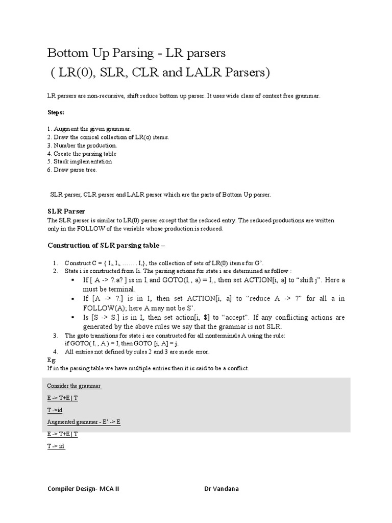 Bottom Up Parsing - LR Parsers (LR (0), SLR, CLR and LALR Parsers) | PDF | Parsing | Implementation