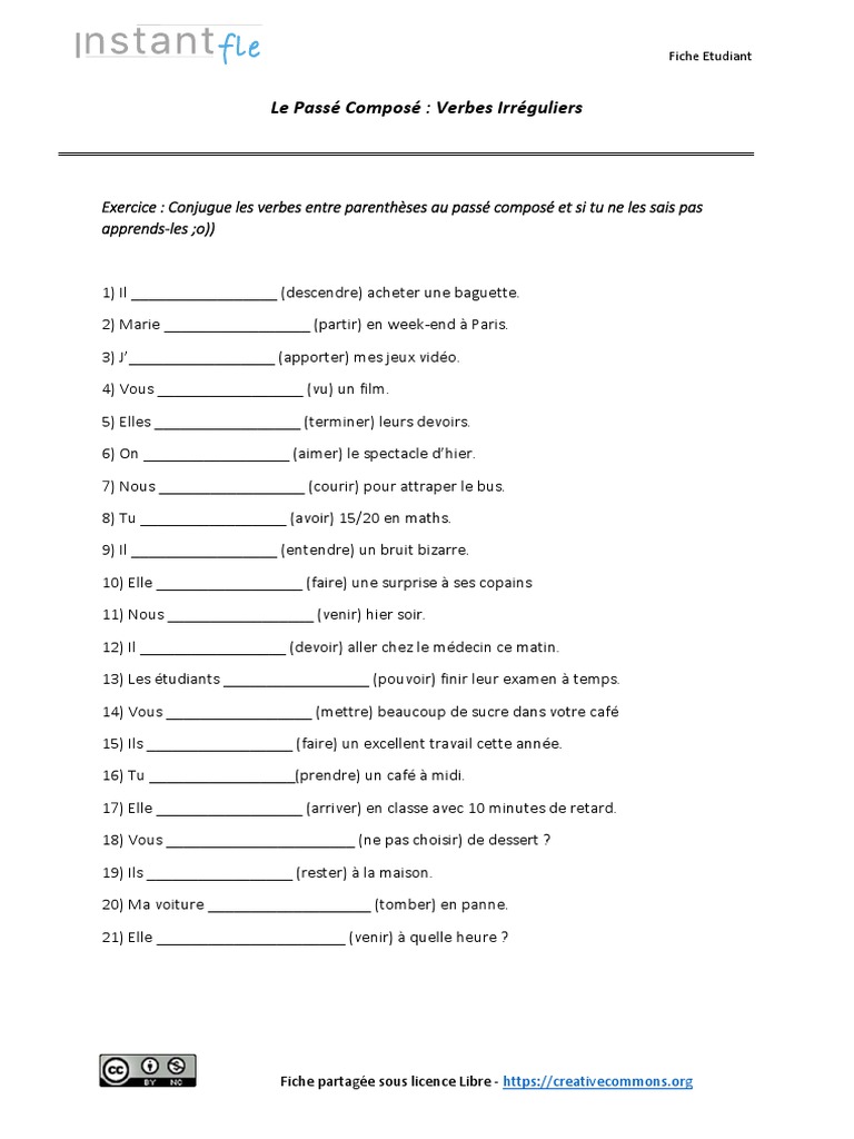 Le Passé Composé Verbes Irréguliers | PDF | Jeux et activités | Arts du ...