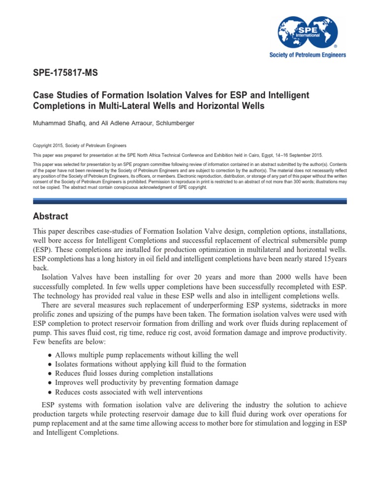 SPE-175817-MS Case Studies of Formation Isolation Valves For ESP and ...