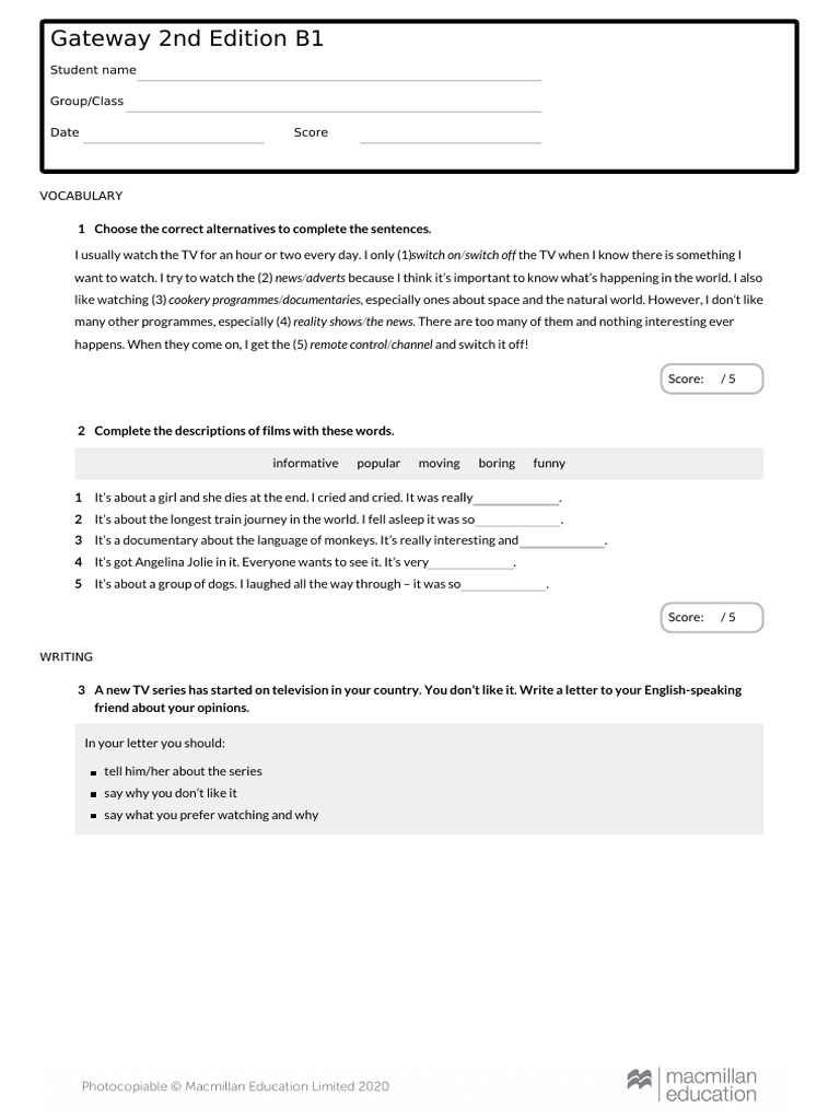 Gateway 2nd Edition B1 Vocabulary Exercise | PDF | Language Arts ...