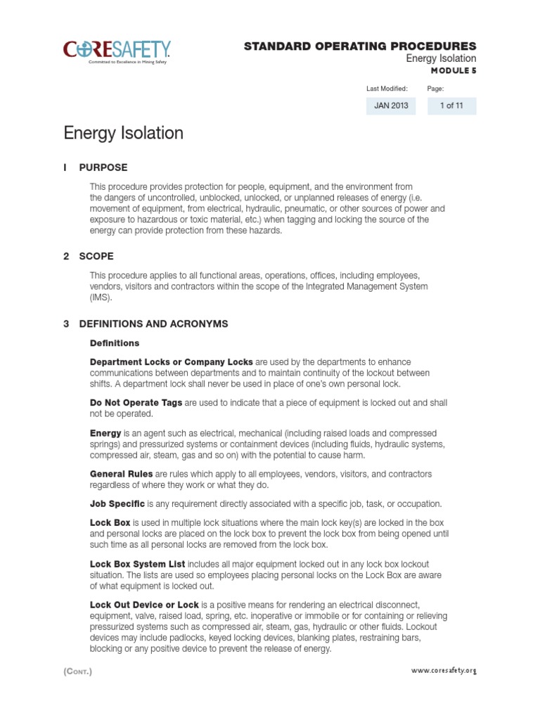 Energy Isolation: Standard Operating Procedures | PDF | Manufactured ...