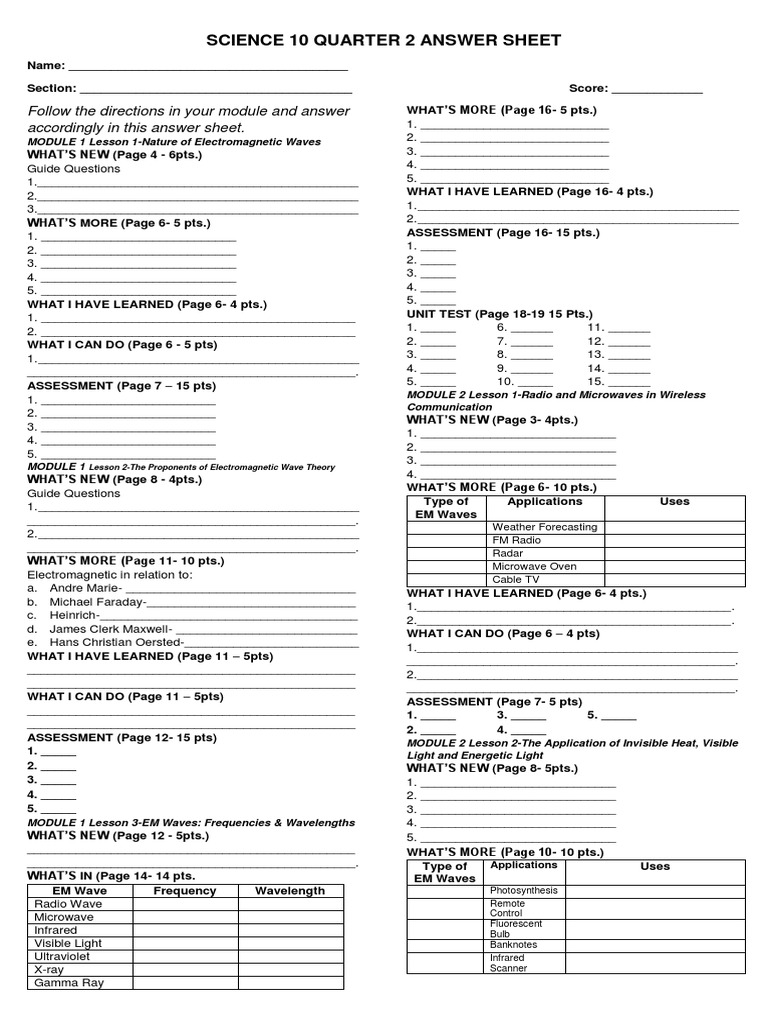 Science 10 Answer Sheet 2NDQ | PDF | Ionizing Radiation ...
