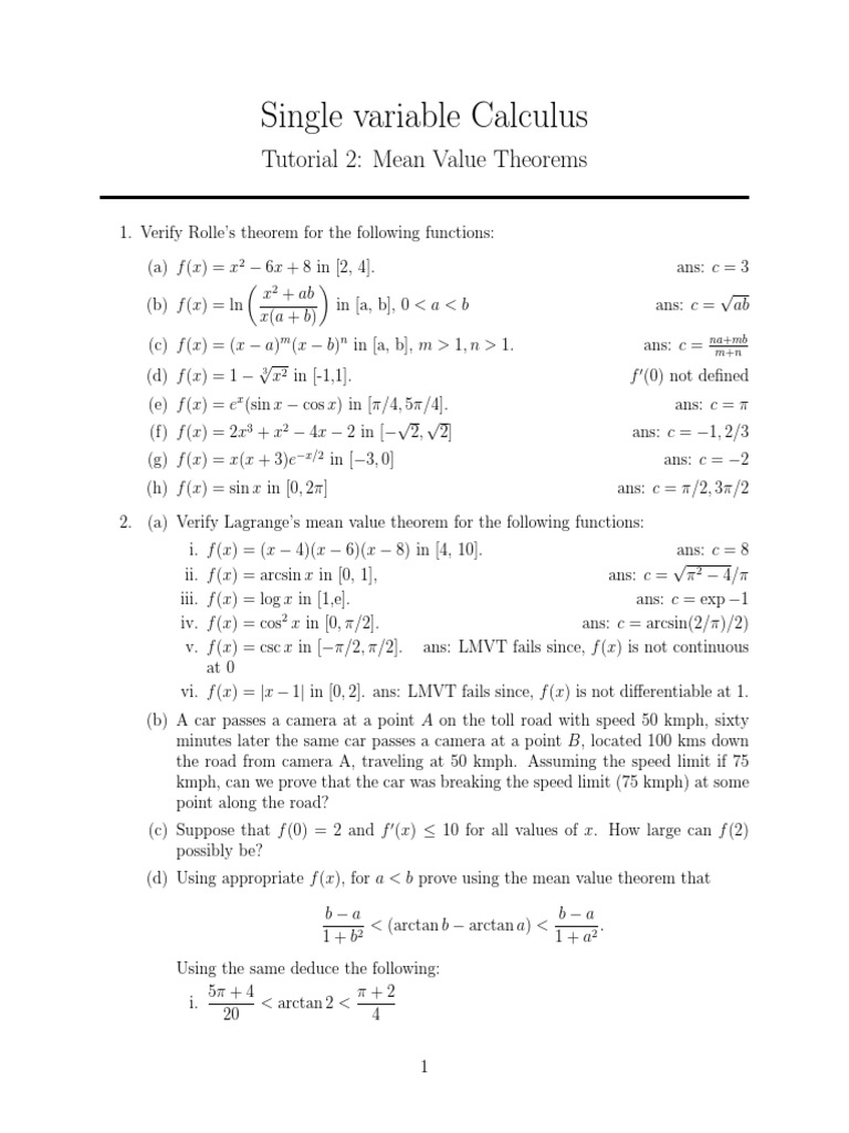 Single Variable Calculus: Tutorial 2: Mean Value Theorems | PDF | Mathematical Concepts ...