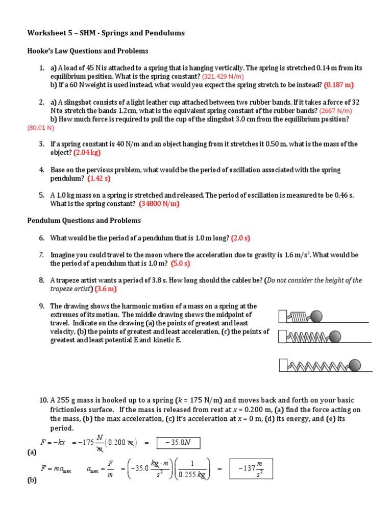 SHM Worksheet: Springs & Pendulums | PDF | Pendulum | Mass